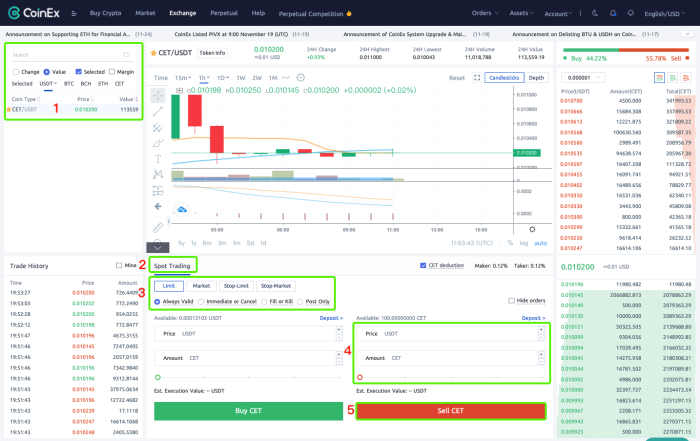 How to make spot trading in CoinEx - خوبو
